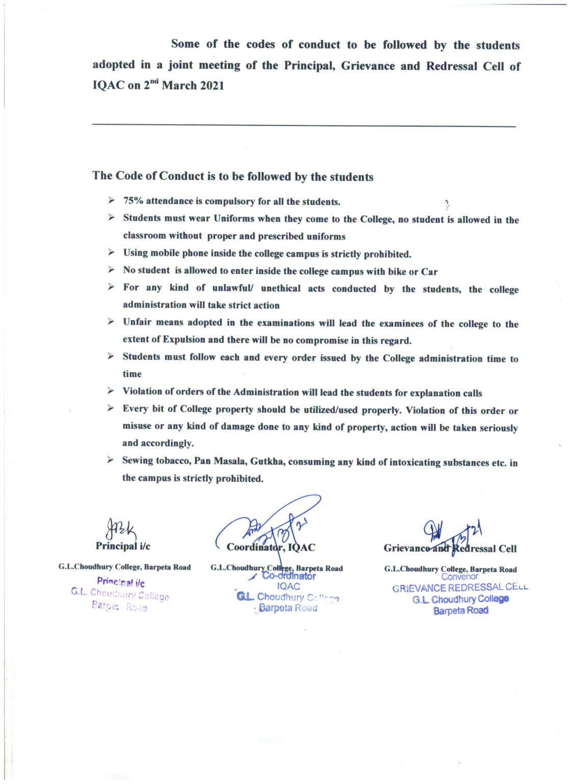 Code of Conduct – G L Choudhury College, Barpeta Road